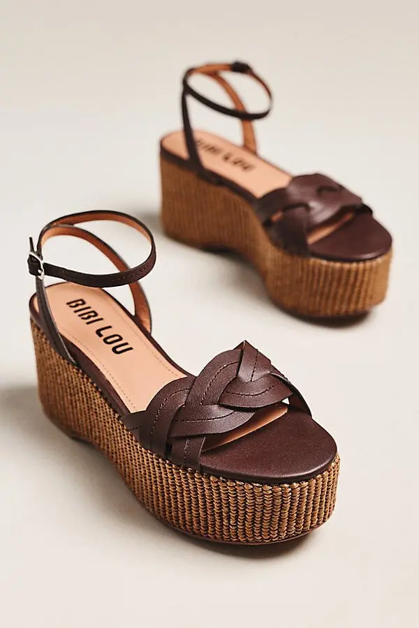 BIBI LOU Raffia Platform Heel Sandals - Dark Brown