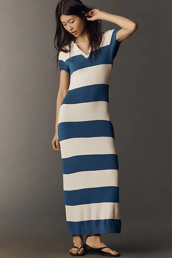 ROWING BLAZERS Striped Polo Maxi Dress - Blue / White Stripe