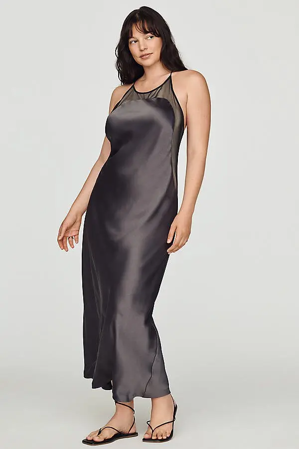 Maeve Mesh Satin Slip Dress - Dark Grey