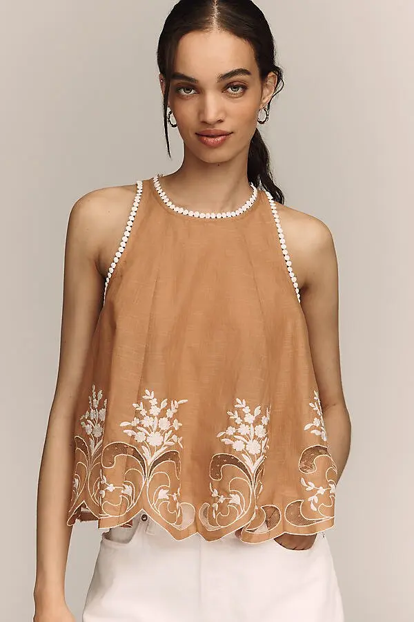 Anthropologie Embroidered Cotton Swing Tank Top