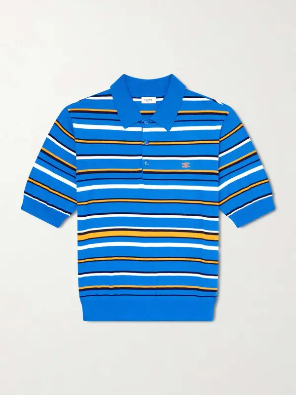 Celine Slim-fit Logo-embroidered Striped Cotton Polo Shirt - Blue