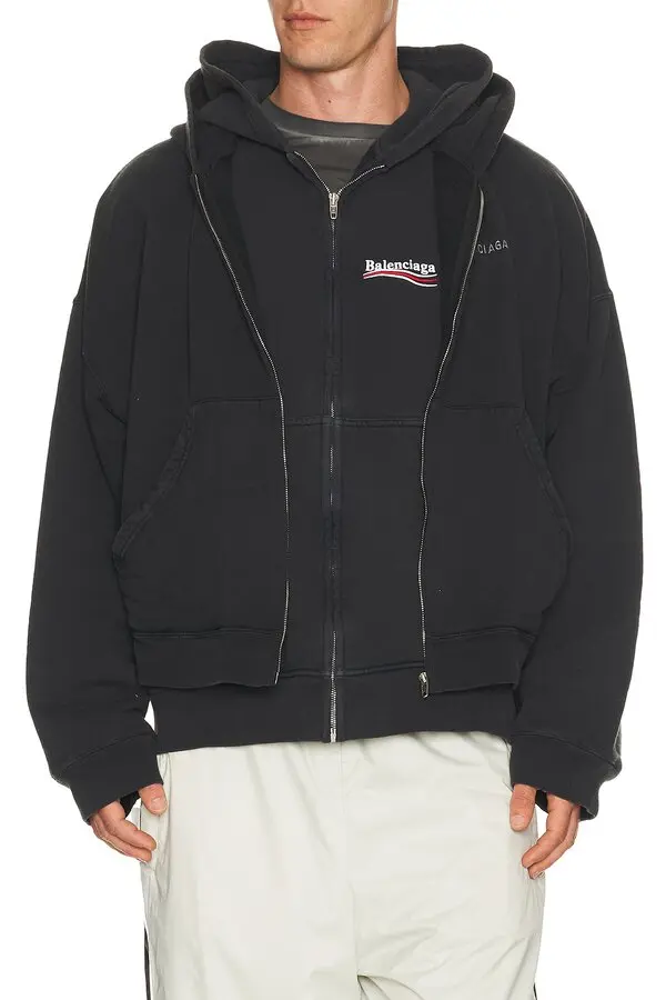 Balenciaga Layered Hoodie - Faded Wash Black & Washed Black
