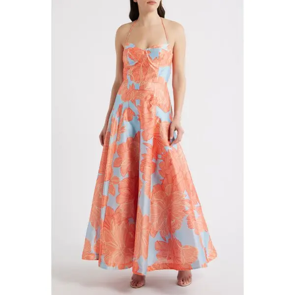 HUTCH Floral Sweetheart Neck Cocktail Dress - Sky/coral Layered Peonies