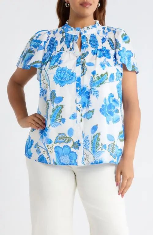 SUGARLIPS Samian Floral Romy Mock Neck Top - White-blue-green
