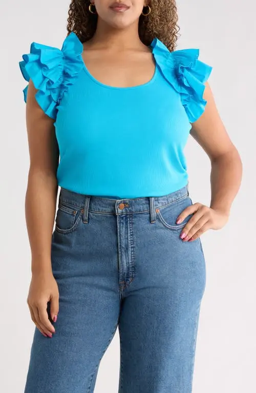 SUGARLIPS Ruffled Short Sleeve Mixed Media Top - Cerulean-blue