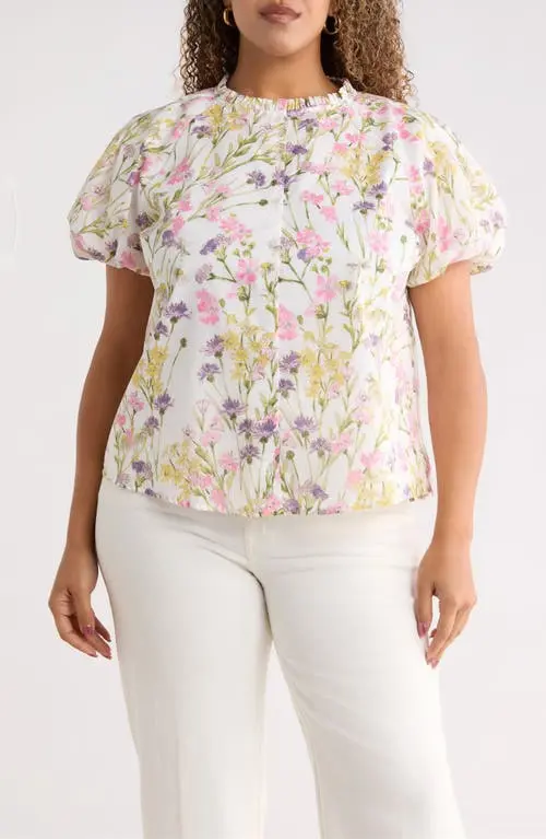 SUGARLIPS Lita Floral Avy Cotton Button-up Top - White Multi