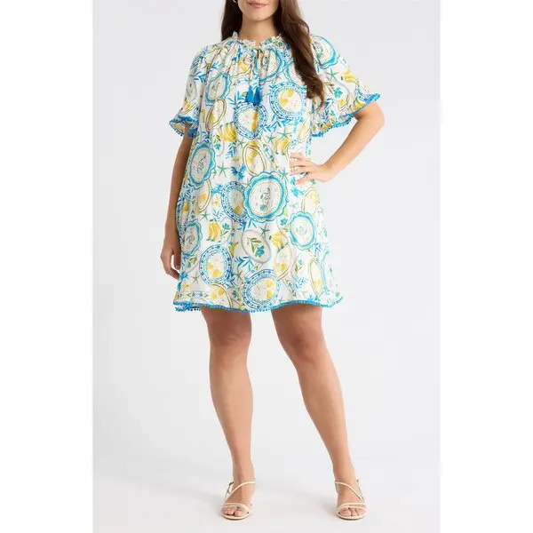 SUGARLIPS Harvest Island Darcie Shift Dress - White Blue Yellow