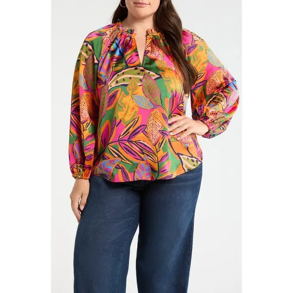 SUGARLIPS Floral Jovie Satin Split Neck Top - Orange-pink-multi