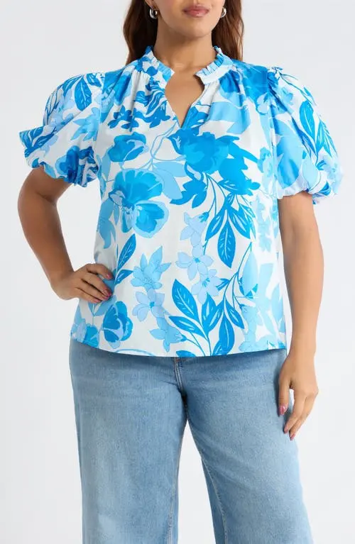 SUGARLIPS Darian Floral Ruffle Top - White Blue Combo