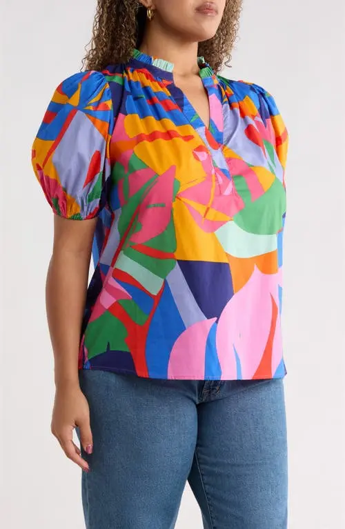 SUGARLIPS Abstract Print Puff Sleeve Top - Red-blue-multi