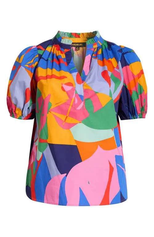 SUGARLIPS Abstract Print Puff Sleeve Top - Red-blue-multi