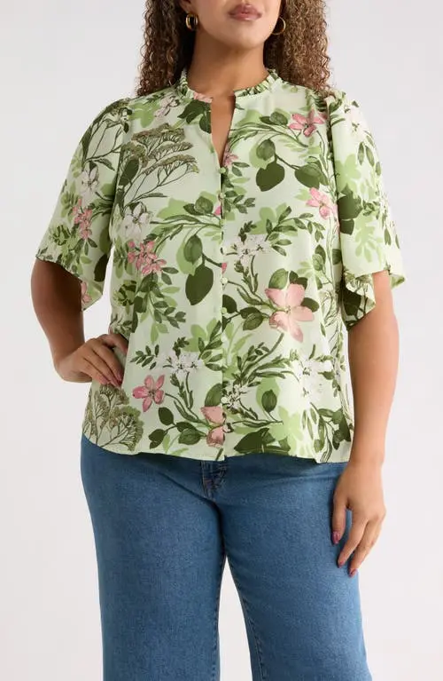 SUGARLIPS Zane Floral Bryn Button Up Top - Green/pink Multi