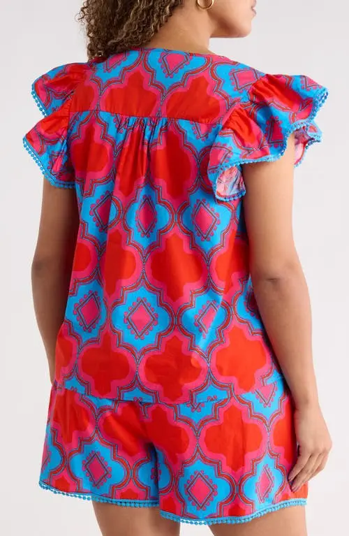 SUGARLIPS Devant Carya Ruffle Cotton Top - Red Blue