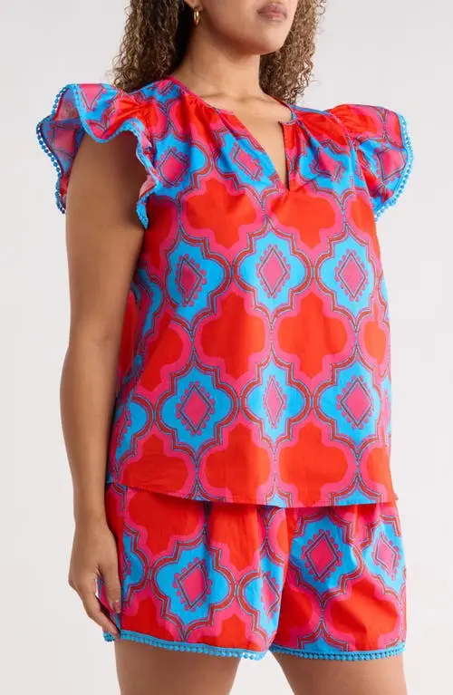 SUGARLIPS Devant Carya Ruffle Cotton Top - Red Blue