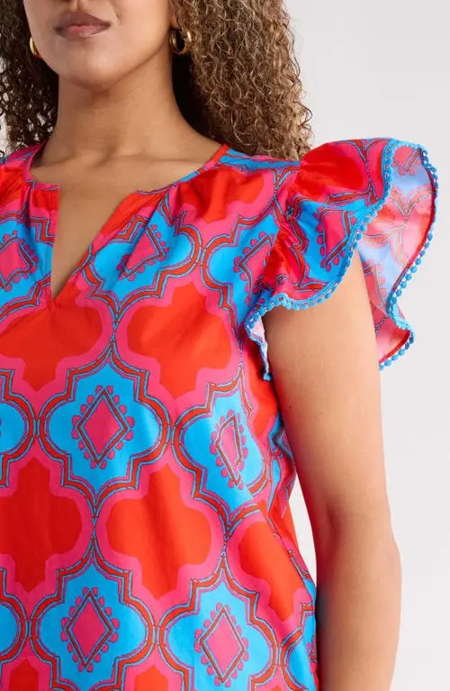 SUGARLIPS Devant Carya Ruffle Cotton Top - Red Blue