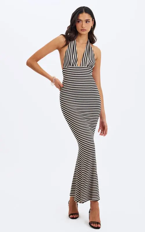 MISS CIRCLE Hannah Lyocell Jersey Striped Mermaid Maxi Dress - Almond & Black
