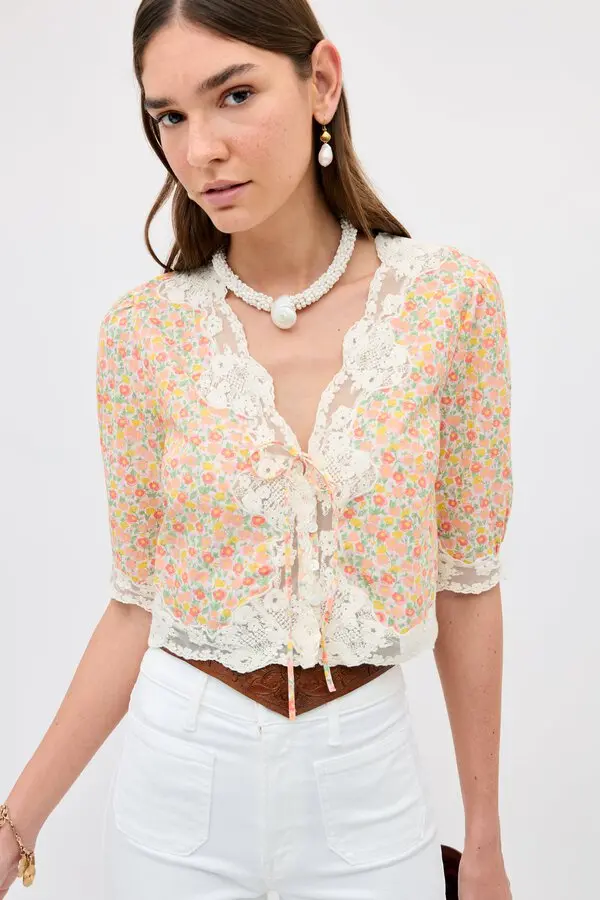 Rixo Ursula Floral Print Lace Trimmed Top