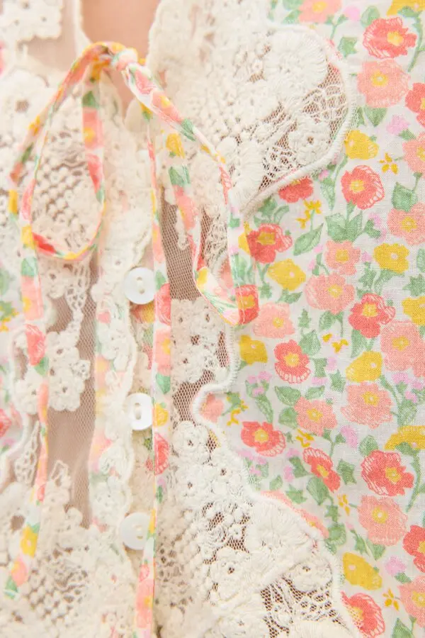 Rixo Ursula Floral Print Lace Trimmed Top