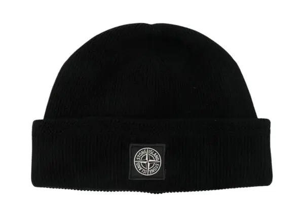 Stone Island Organic Cotton Beanie With Compass Patch - Black