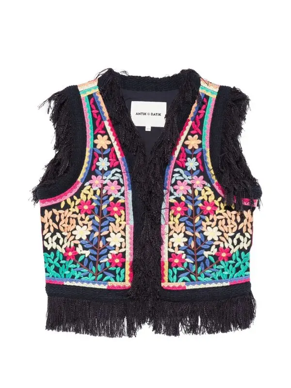 Antik Batik Floral Embroidered Vest With Fringe - Blue
