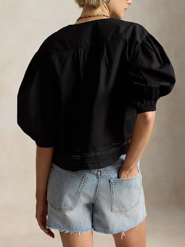 Polo Ralph Lauren Cotton Blouse With Lace Trim - Black