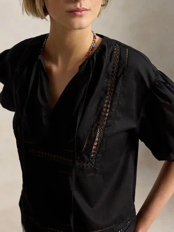 Polo Ralph Lauren Cotton Blouse With Lace Trim - Black