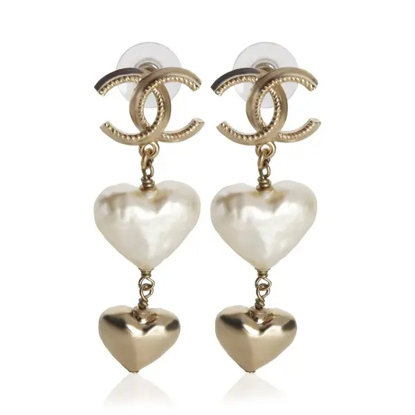 Chanel Gold-plated 2022 Faux Heart Pearls & Cc Drop Earrings - Gold_plated