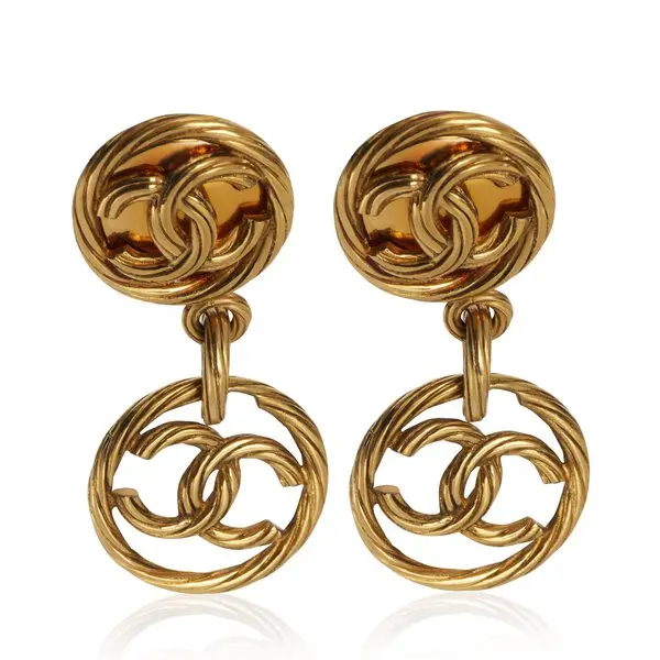 Chanel Gold Plated Cc Drop Earrings - Gold_plated
