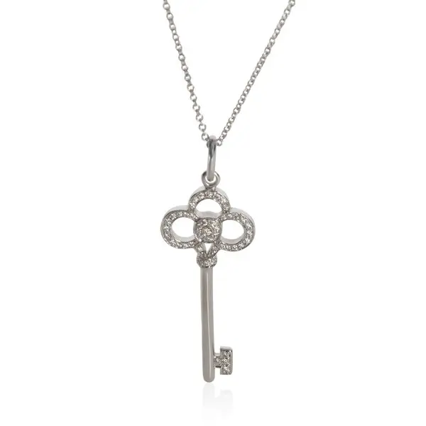 Tiffany & Co. White Gold Diamond Crown Key Pendant Necklace - White_gold