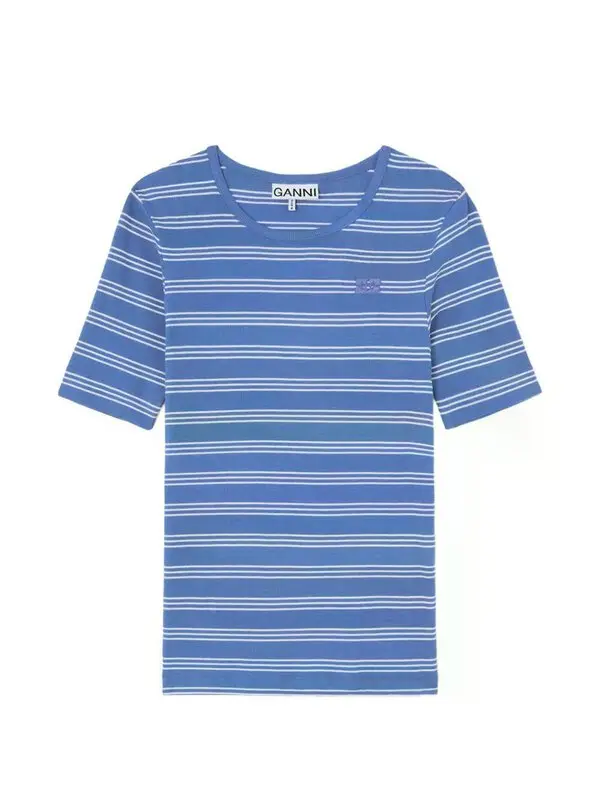 GANNI Striped Rib-knit T-shirt - Blue