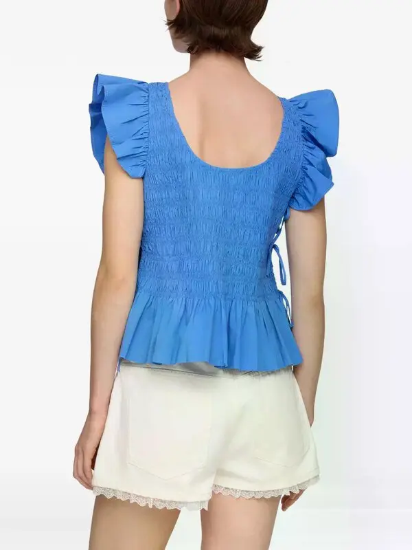 GANNI Ruffled-sleeve Smocked Blouse