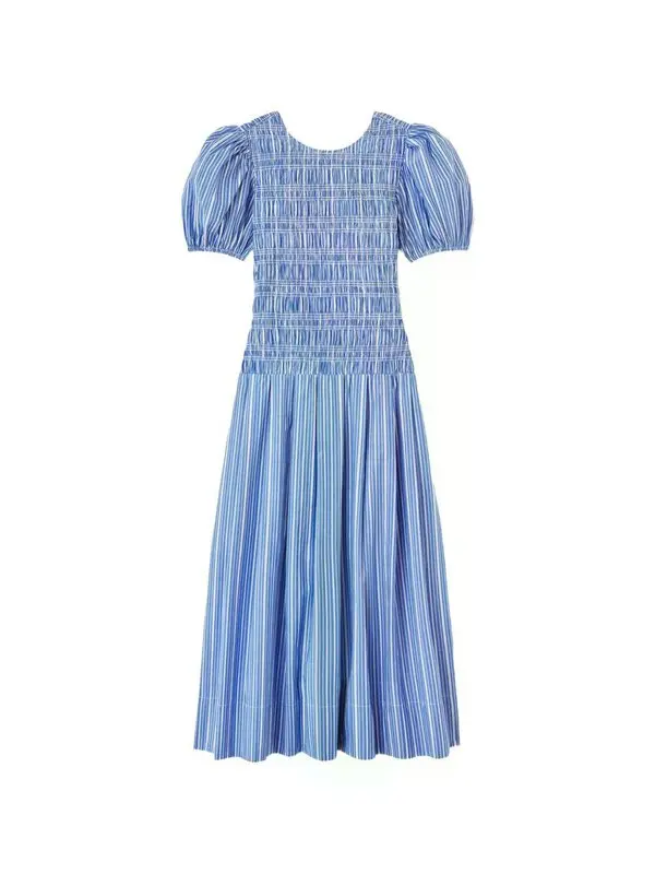 GANNI Striped Smocked-waist Dress - Blue