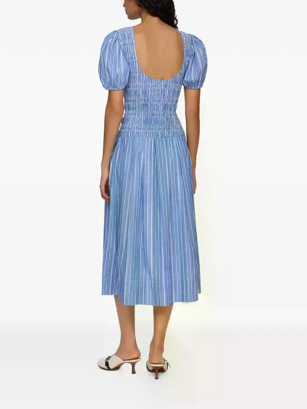 GANNI Striped Smocked-waist Dress - Blue