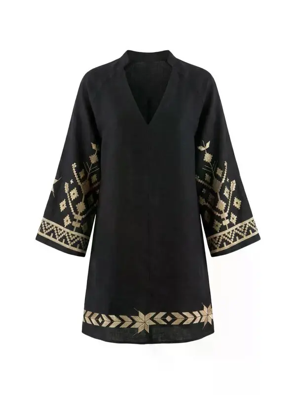 Greek Archaic Kori Embroidered Linen Dress With V-neck And Raglan Sleeves
