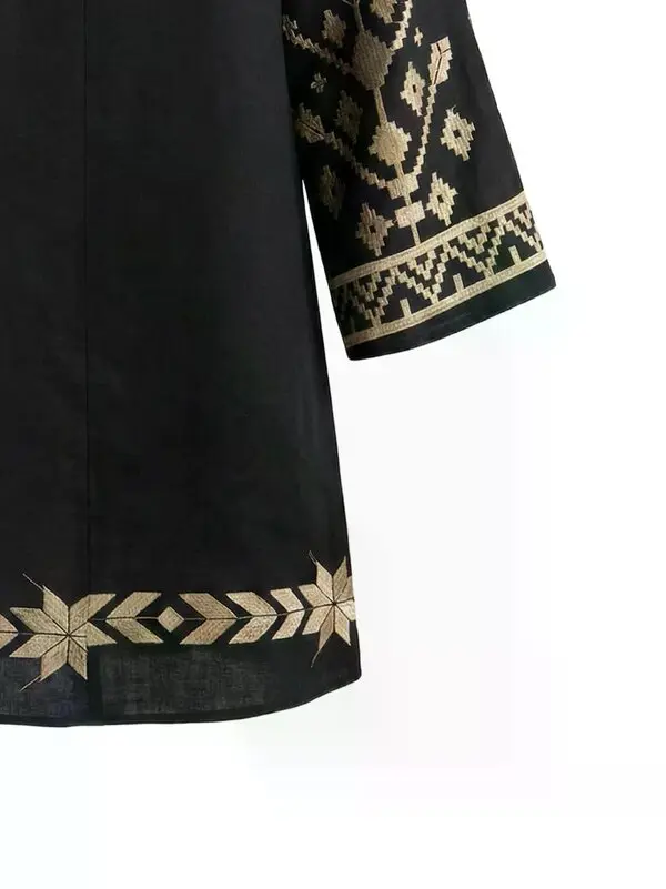 Greek Archaic Kori Embroidered Linen Dress With V-neck And Raglan Sleeves