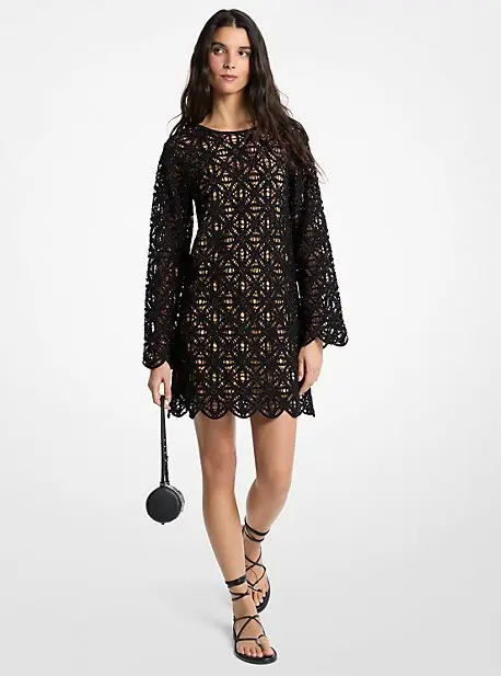 Michael Kors Beaded Floral Crochet Mini Dress - Black