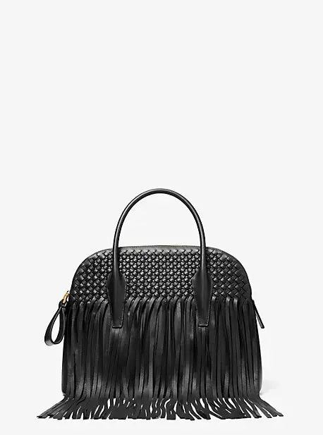 Michael Kors Kaitlin Large Fringed Woven Leather Dome Satchel - Black