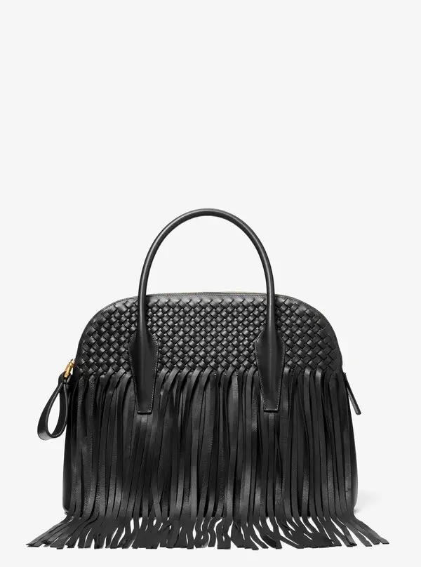 Michael Kors Kaitlin Large Fringed Woven Leather Dome Satchel - Black