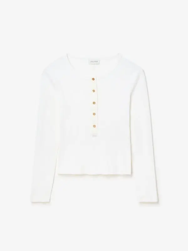 HOUSE OF DAGMAR Henley Ribbed Top - White