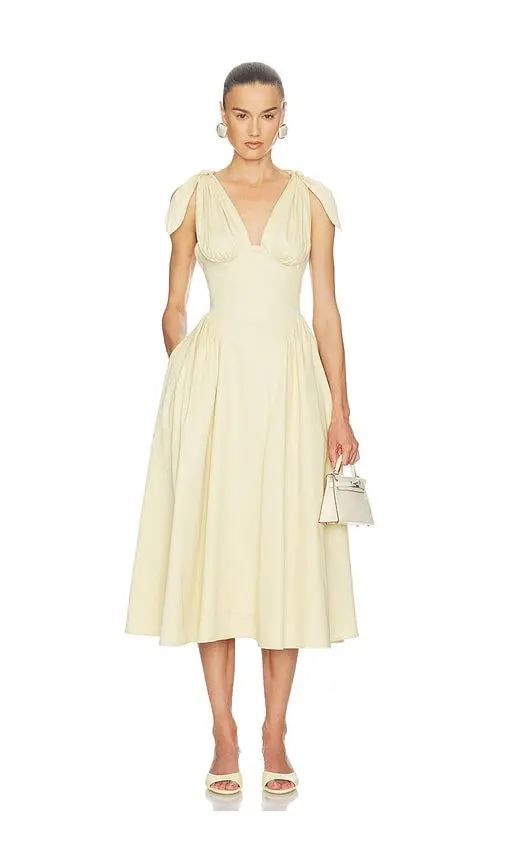 HELSA Fairweather Midi Dress In Stretch Cotton Sateen In Lemon - Hay
