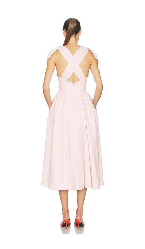 helsa stretch cotton sateen midi dress accented by delicate tie detailing on the shoulders Helsa Stretch Cotton Sateen Midi