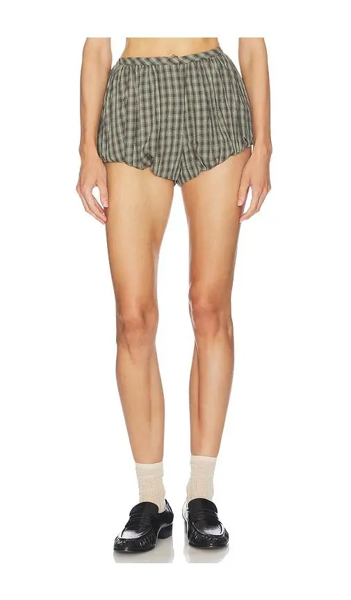 HELSA Novelty Puff Shorts - Green & Brown Plaid