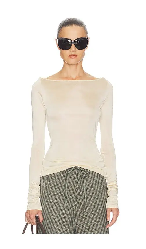 HELSA Slinky Jersey Off The Shoulder Top - Champagne