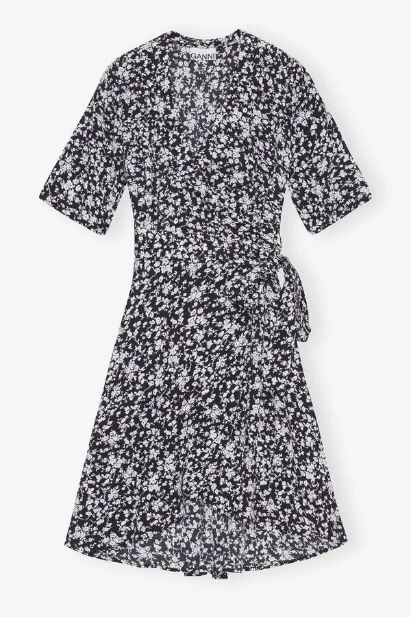 GANNI Printed Crepe Wrap Dress - Black