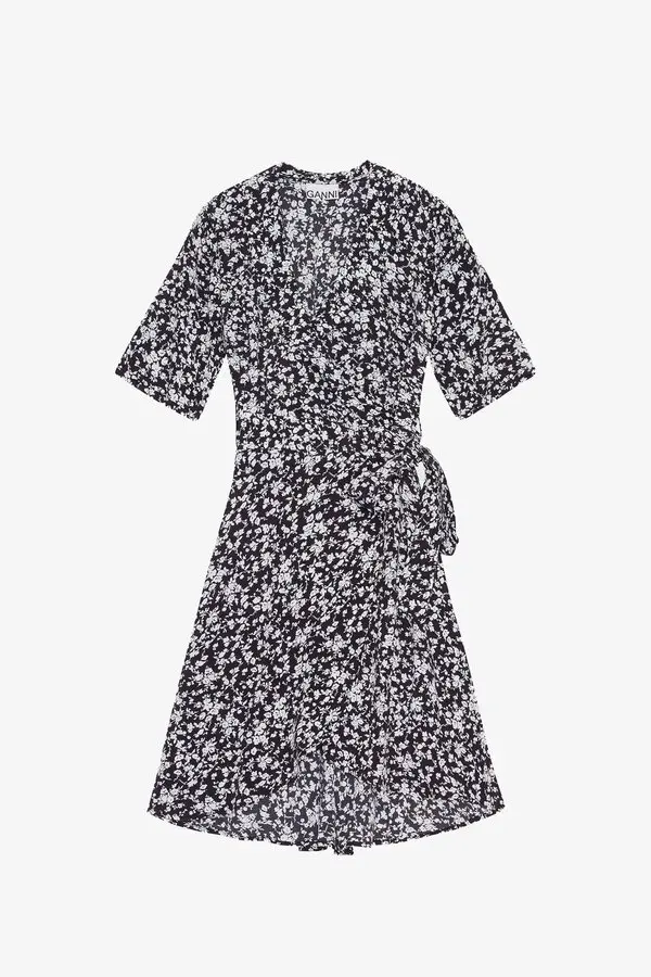 GANNI Printed Crepe Wrap Dress - Black