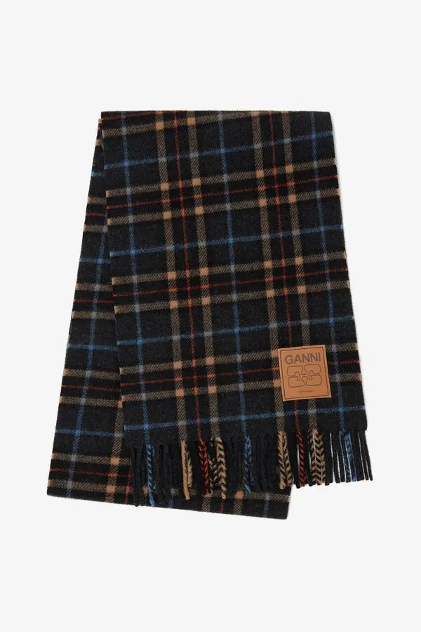 GANNI Check Wool Scarf - Grey