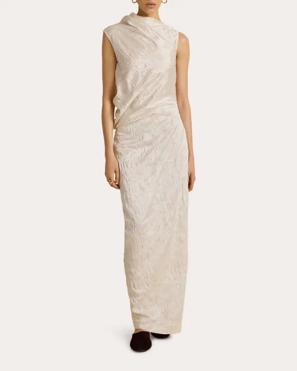 Marina Moscone Satin Jacquard Asymmetric Drape Column Dress - White