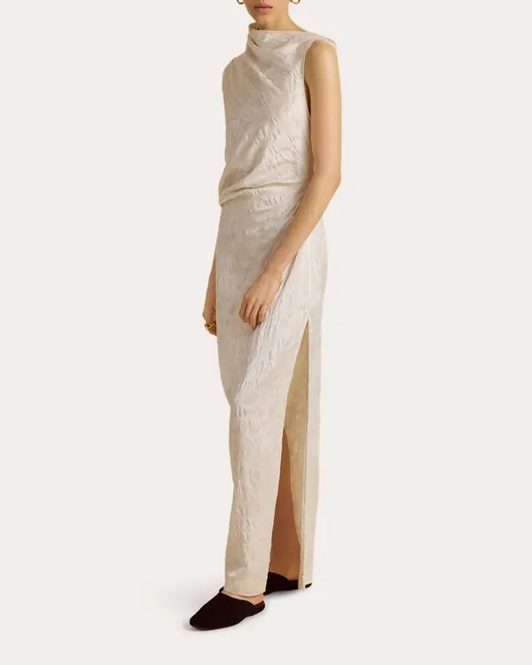 Marina Moscone Satin Jacquard Asymmetric Drape Column Dress - White