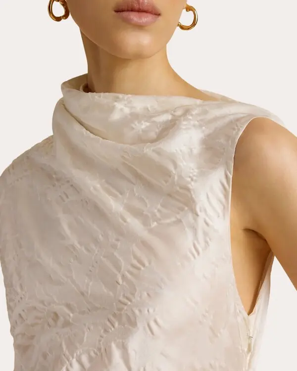 Marina Moscone Satin Jacquard Asymmetric Drape Column Dress - White