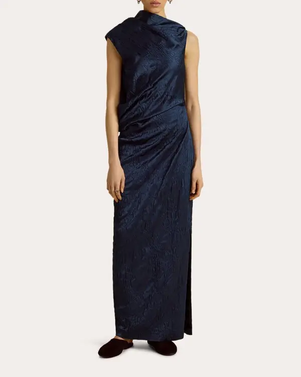 Marina Moscone Satin Jacquard Asymmetric Drape Column Dress - Blue